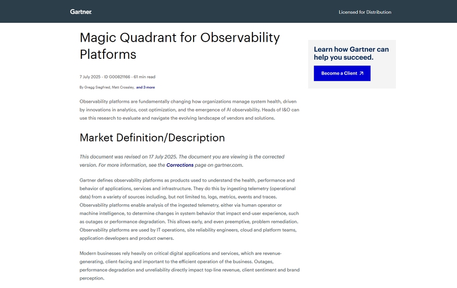 The Gartner® Magic Quadrant™ for Observability Platforms