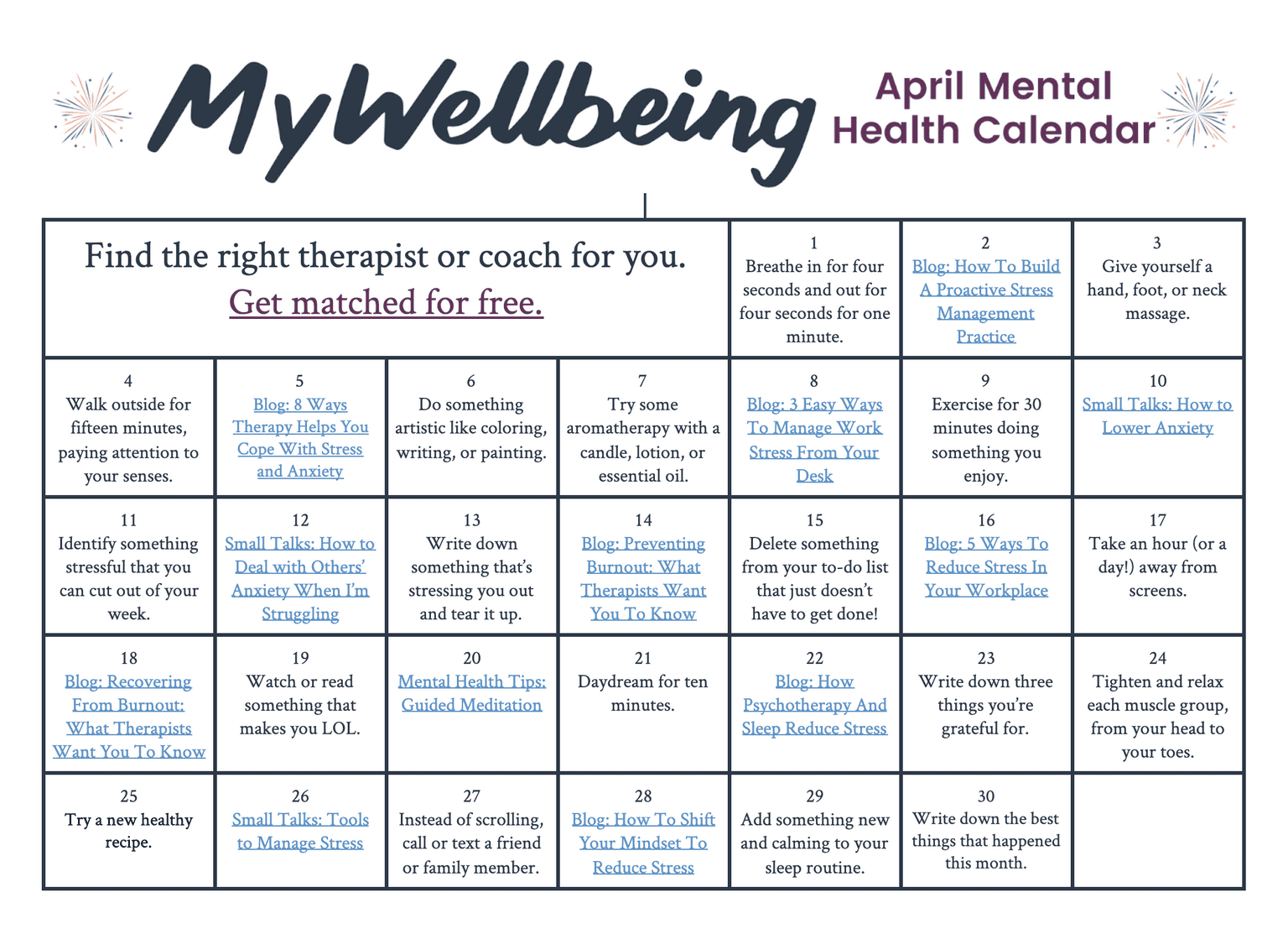 Mental Health Calendars - MyWellbeing